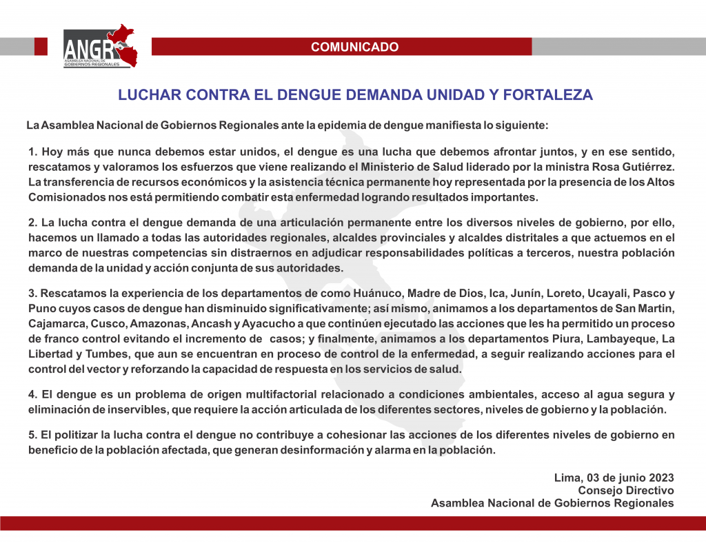 COMUNICADO: LUCHAR CONTRA EL DENGUE DEMANDA UNIDAD Y FORTALEZA. – ANGR
